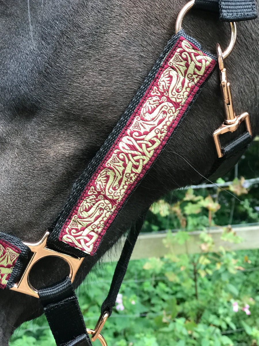 Celtic Dragon Headcollar & Lead set. Black/Burgundy/Gold – Welsh Cob Shop